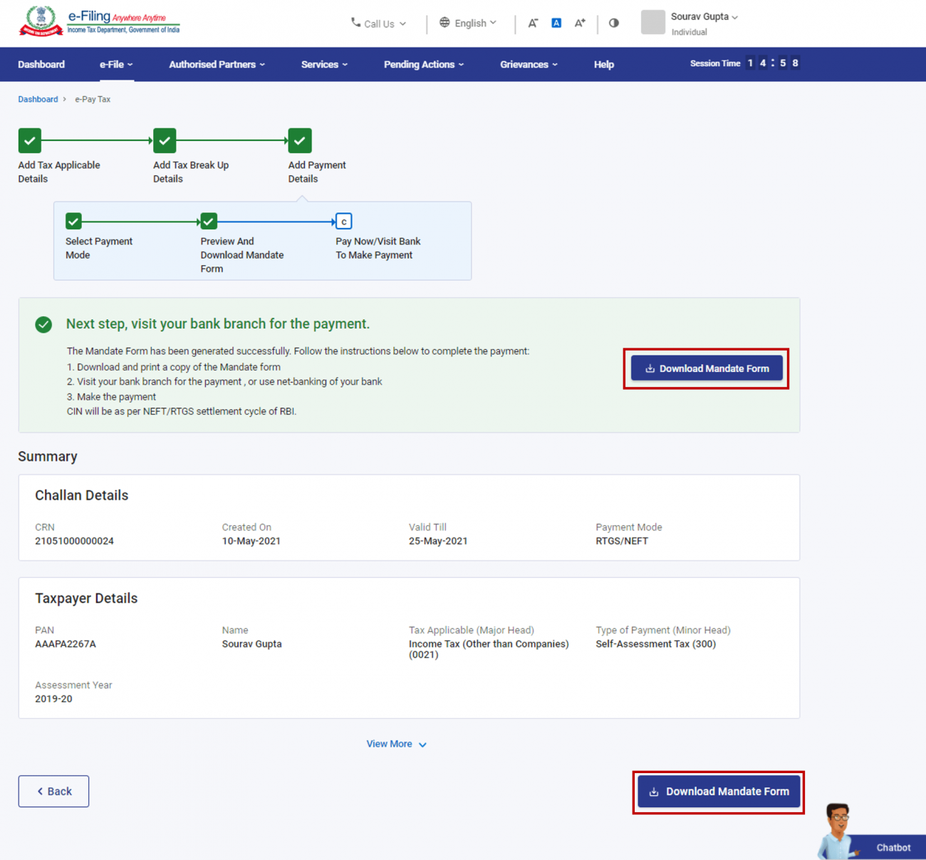 Create Challan Form (CRN) User Manual | Income Tax Department